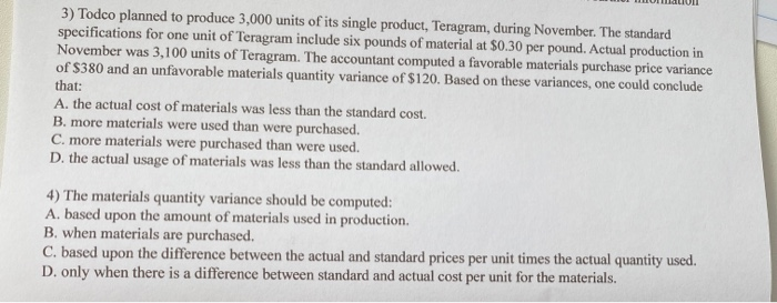 Solved 3) Todco planned to produce 3,000 units of its single | Chegg.com