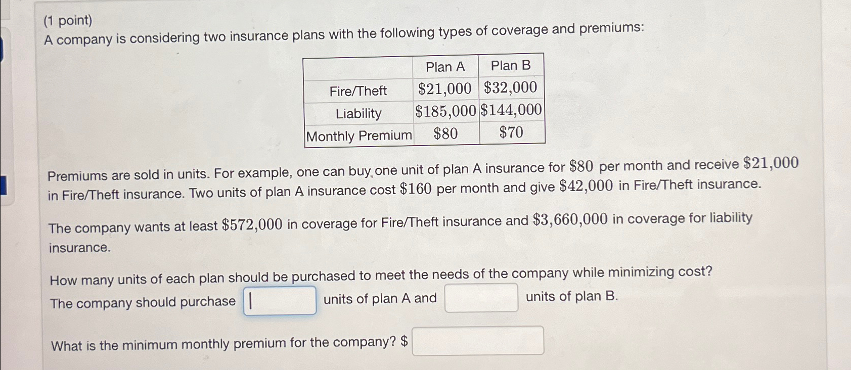 Solved (1 ﻿point)A company is considering two insurance | Chegg.com