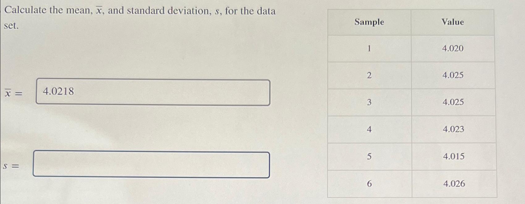 Solved Calculate the mean, x‾, ﻿and standard deviation, s, | Chegg.com