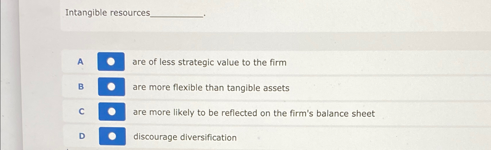 Solved Intangible resources.A are of less strategic value to | Chegg.com