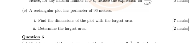 Solved (e) ﻿A rectangular plot has perimeter of 96 | Chegg.com