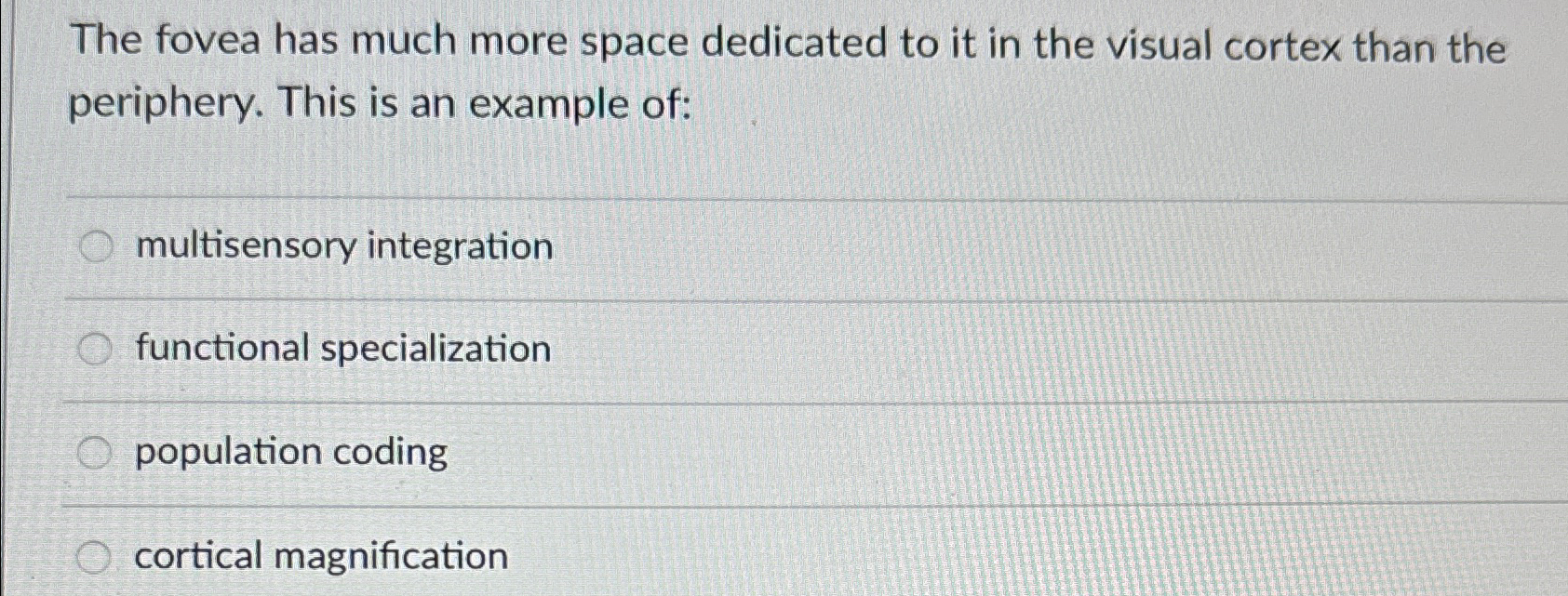 Solved The fovea has much more space dedicated to it in the | Chegg.com