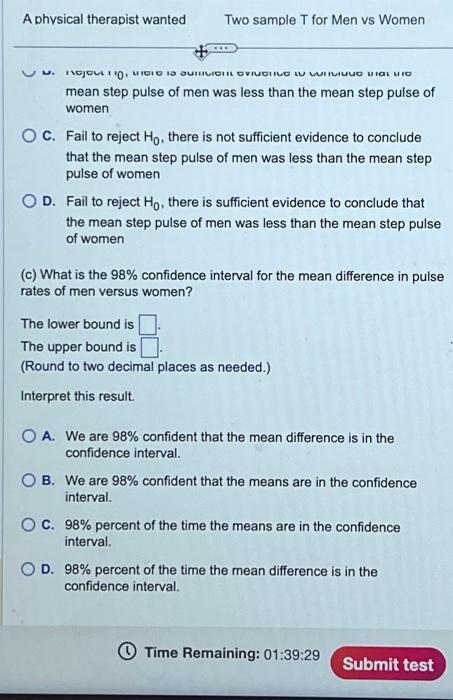 Solved A physical therapist wanted to know whether the mean | Chegg.com