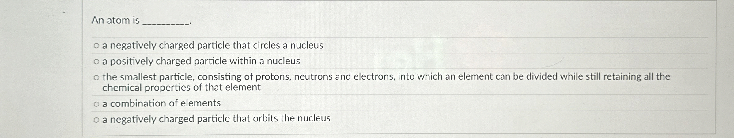 Solved An atom is a negatively charged particle that | Chegg.com