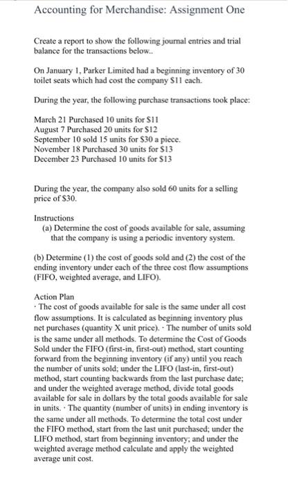 Solved Accounting for Merchandise: Assignment One Create a | Chegg.com