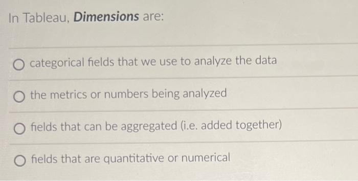 Solved In Tableau, Dimensions are: categorical fields that | Chegg.com