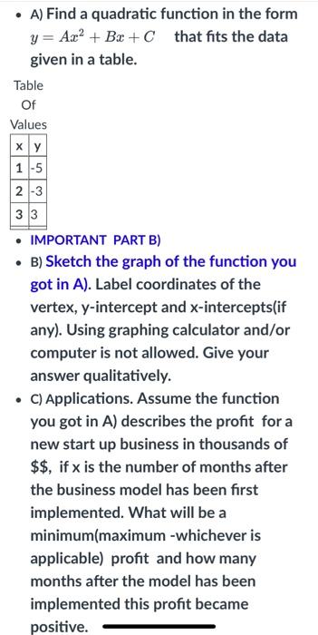 Solved - A) Find a quadratic function in the form y=Ax2+Bx+C | Chegg.com