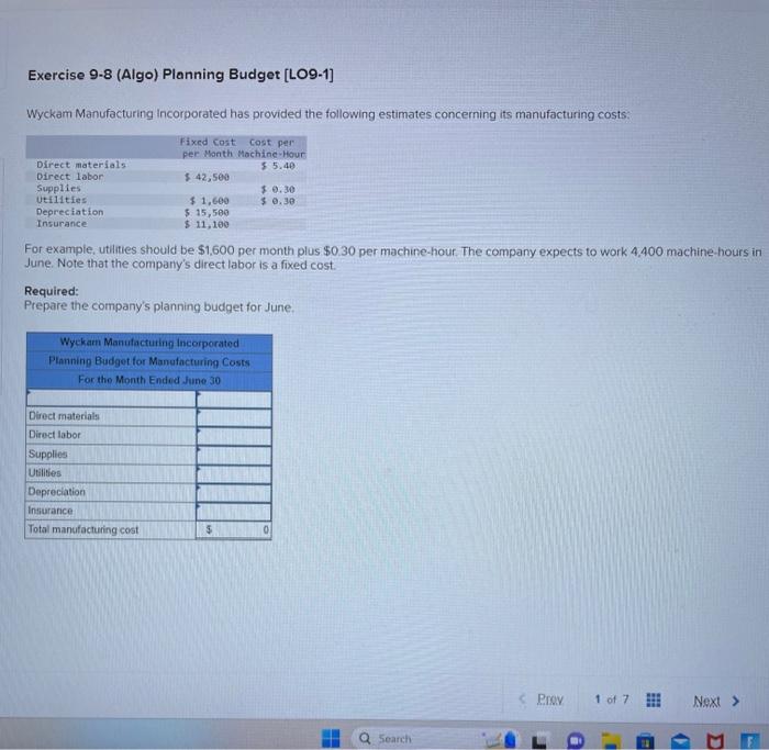 Solved Exercise 9-8 (Algo) Planning Budget [LO9-1] Wyckam | Chegg.com