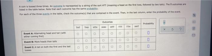 Solved A coin is tossed three times. An outcome is | Chegg.com