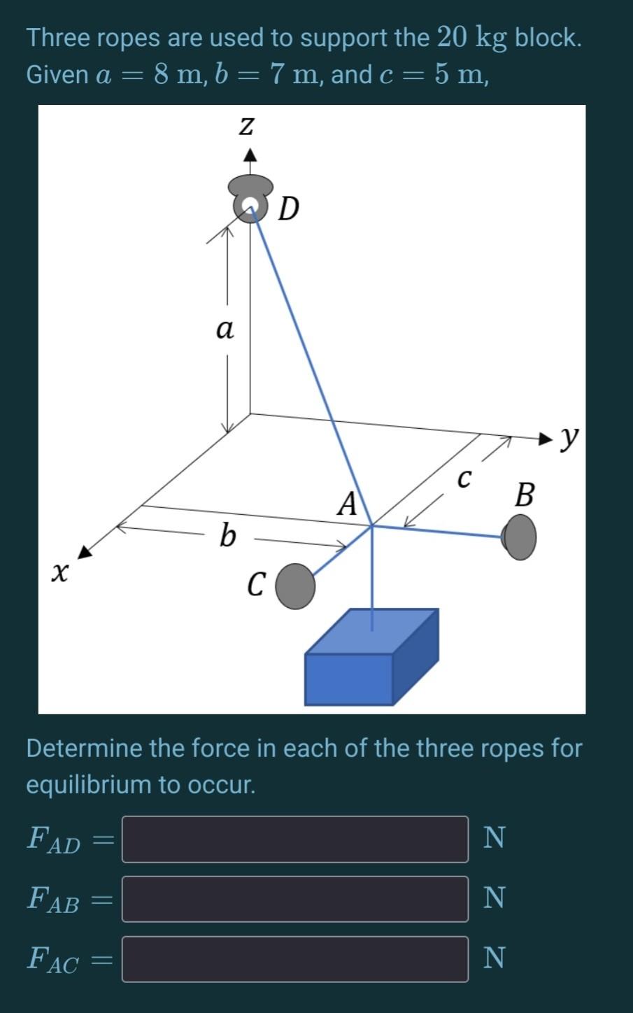Solved Three ropes are used to support the 20 kg block. | Chegg.com