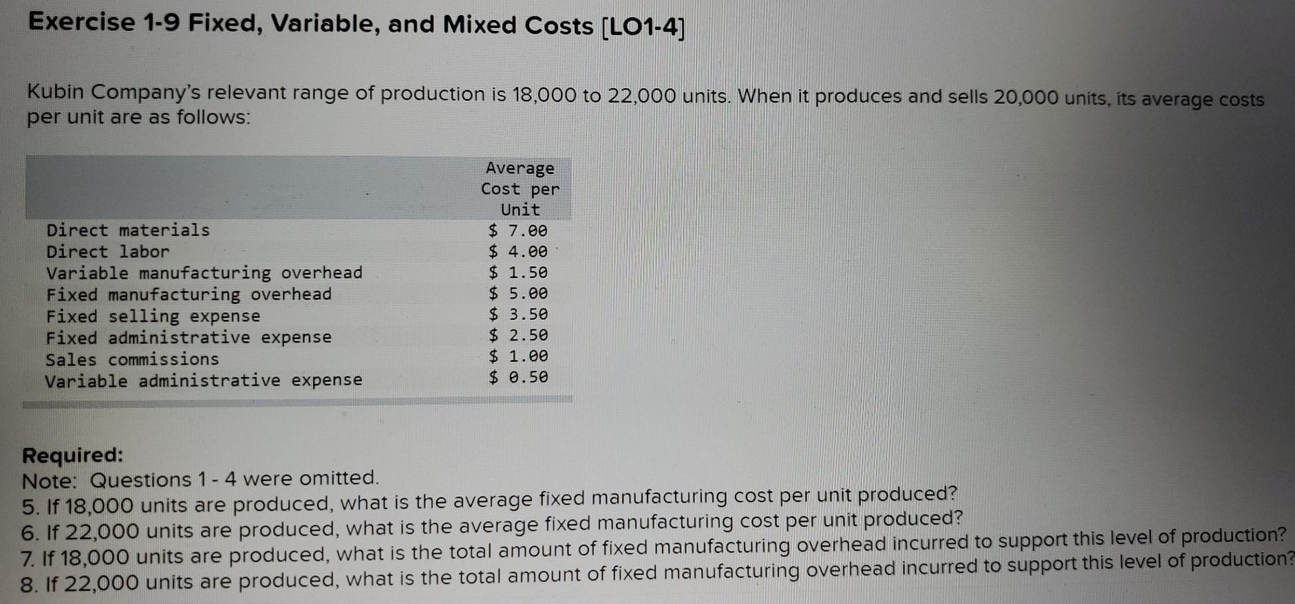 Solved Exercise 1-9 Fixed, Variable, and Mixed Costs [LO1-4] | Chegg.com
