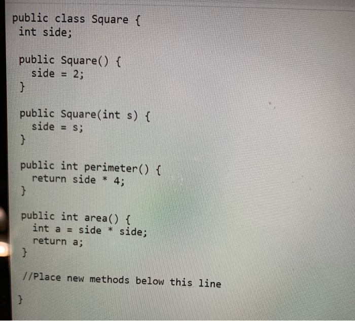 Solved public class Square { int side; public Square() { | Chegg.com
