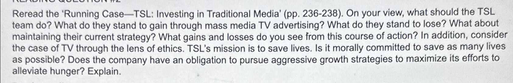 Solved Reread the 'Running Case-TSL: Investing in | Chegg.com