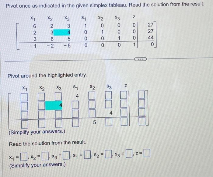 Solved Pivot once as indicated in the given simplex tableau. | Chegg.com