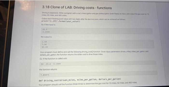 Solved 3.18 Clone of LAB: Driving costs - functions fries, 4 | Chegg.com