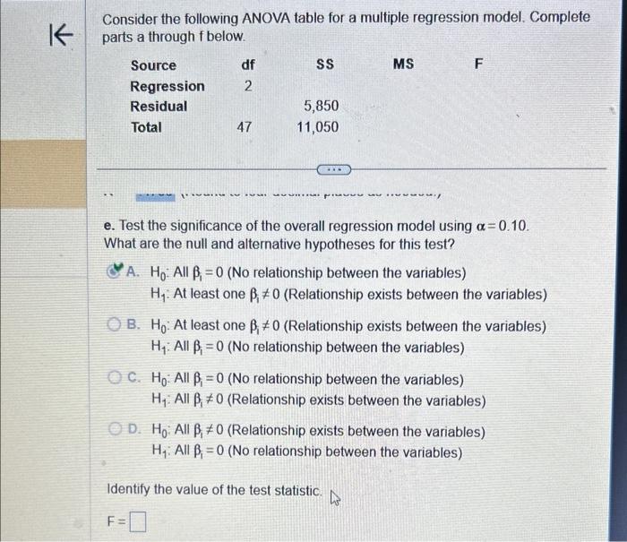 Solved Consider the following ANOVA table for a multiple | Chegg.com