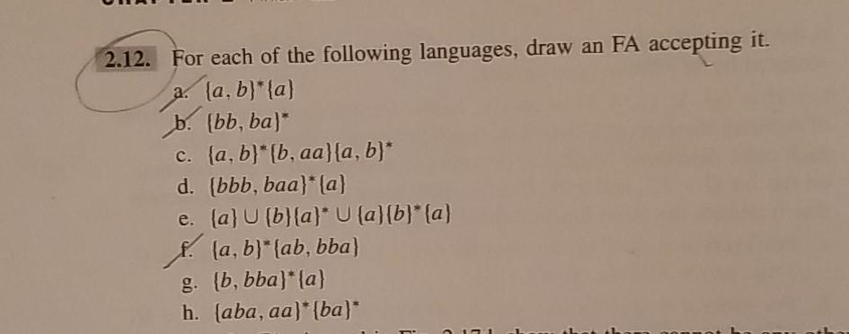 Solved 2.12. For each of the following languages, draw an FA | Chegg.com