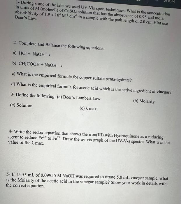 Solved 1- During some of the labs we used UV-Vis spec. | Chegg.com