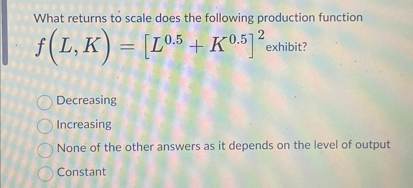Solved What returns to scale does the following production | Chegg.com