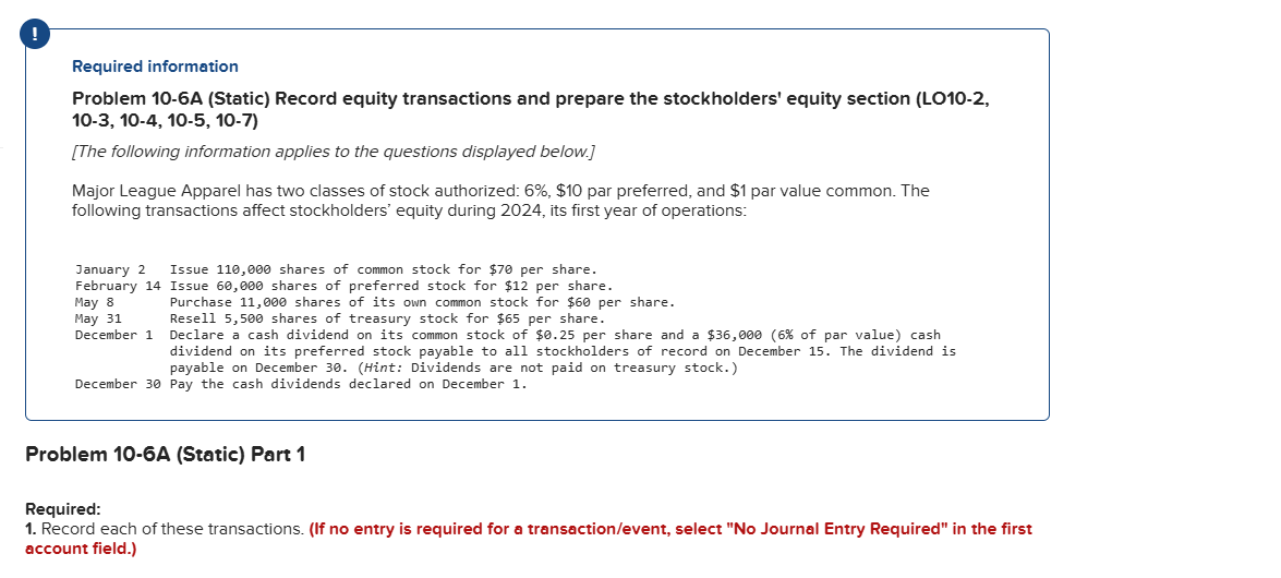 Solved Required informationProblem 10-6A (Static) ﻿Record | Chegg.com