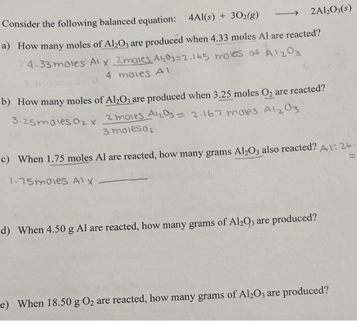 Solved -> Consider the following balanced equation: 4Al(s) + | Chegg.com