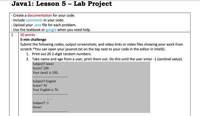Solved Java1: Lesson 5 - Lab Project - Create a | Chegg.com