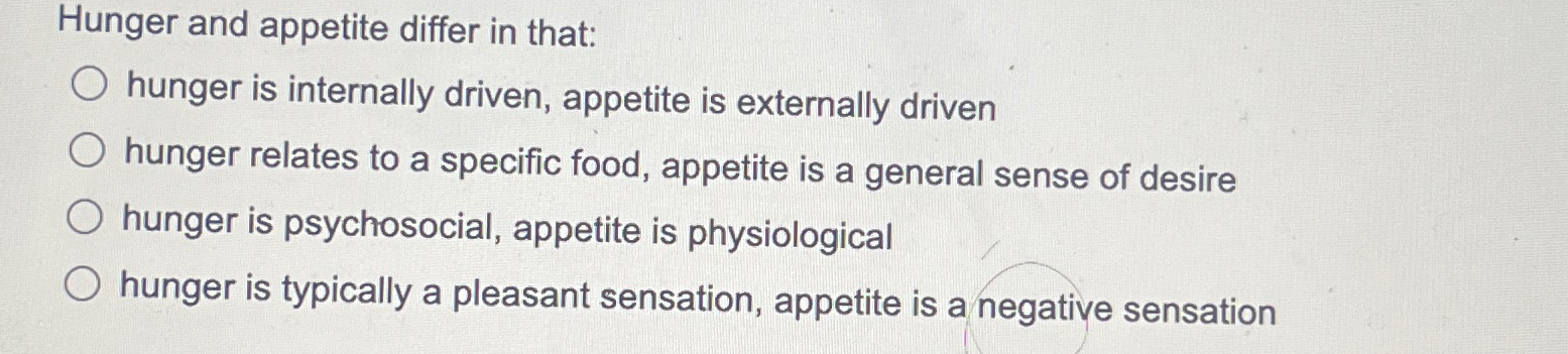 Solved Hunger and appetite differ in that:hunger is | Chegg.com