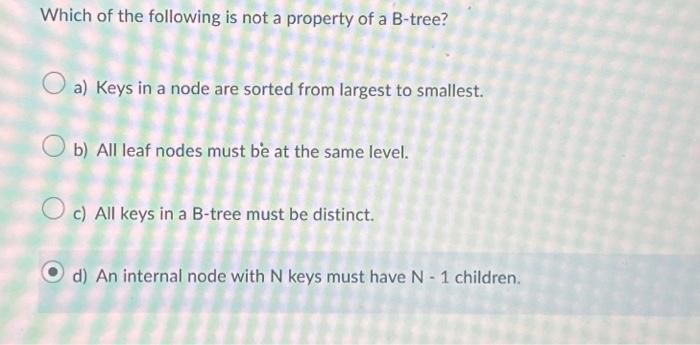 Solved Which of the following is not a property of a B-tree? | Chegg.com