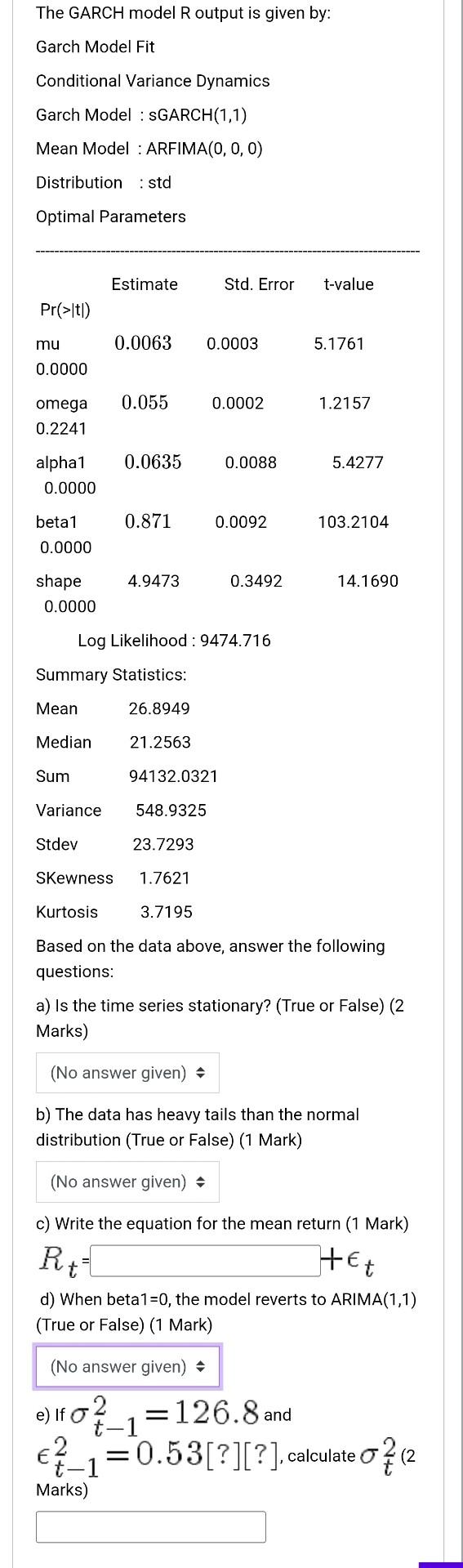 Solved The GARCH model R output is given by: Garch Model Fit | Chegg.com