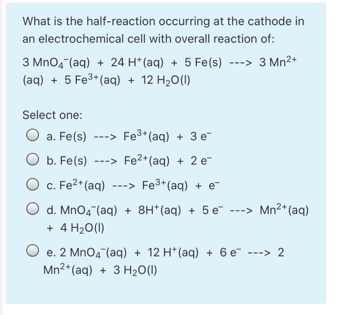 Solved What is the half-reaction occurring at the cathode in | Chegg.com