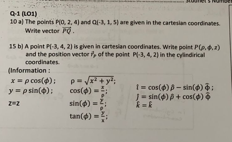 Solved Q-1 (LO1)10 ﻿a) ﻿The points P(0,2,4) ﻿and Q(-3,1,5) | Chegg.com