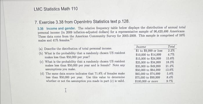 Solved LMC Statistics Math 110 7. Exercise 3.38 from | Chegg.com
