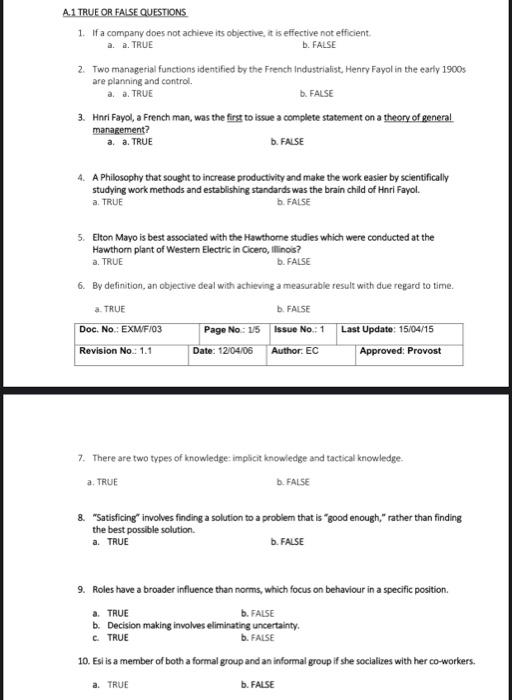Solved A.1 TRUE OR FALSE QUESTIONS 1. If a company does not | Chegg.com