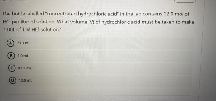 Solved The bottle labelled "concentrated hydrochloric acid" | Chegg.com