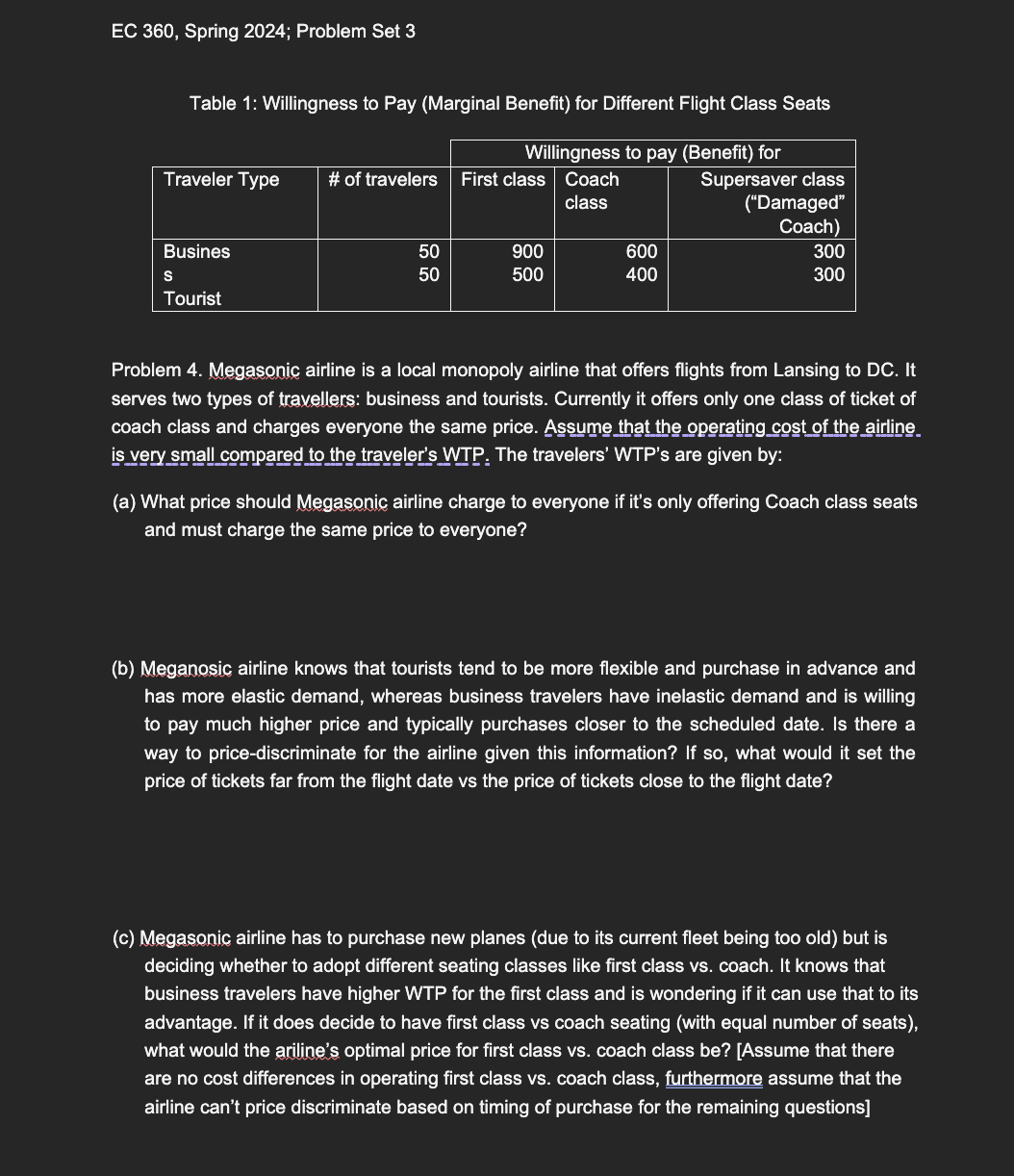 Solved EC 360, ﻿Spring 2024; Problem Set 3Table 1: | Chegg.com
