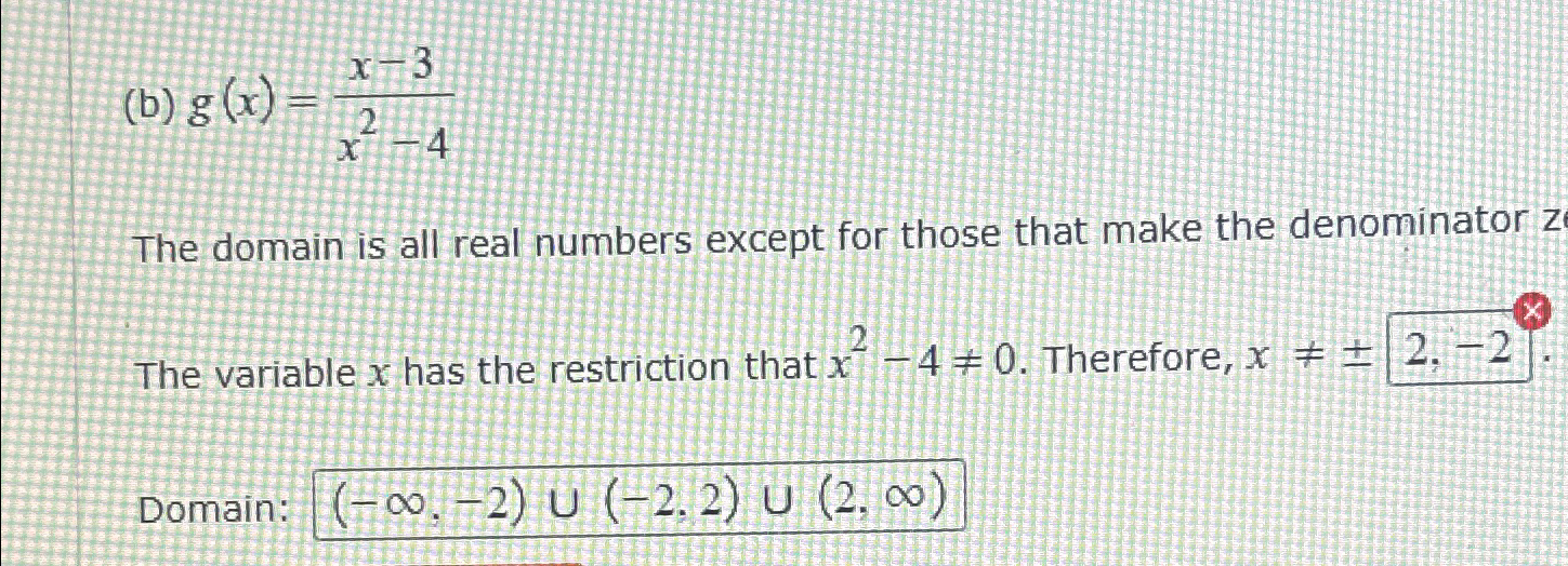 Solved (b) g(x)=x-3x2-4The domain is all real numbers except | Chegg.com