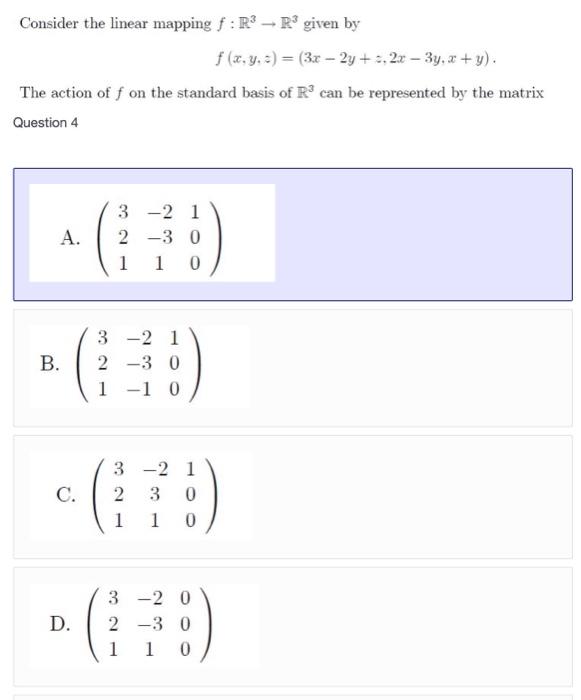Solved Consider the linear mapping f: R3-R given by f(x,ya) | Chegg.com