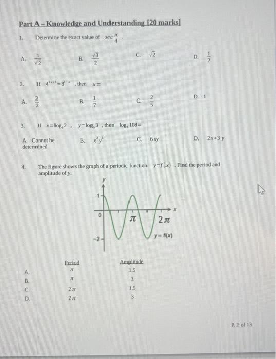 Solved 1. Determine the exact value of sec4x. A. 21 B. 23 C. | Chegg.com
