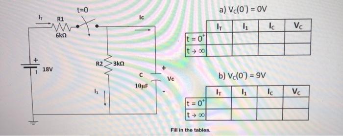 Solved t=0 a) Vc(0) = OV Ic R1 + 11 Ic Vc 6k t = 0 + R2 3ko | Chegg.com