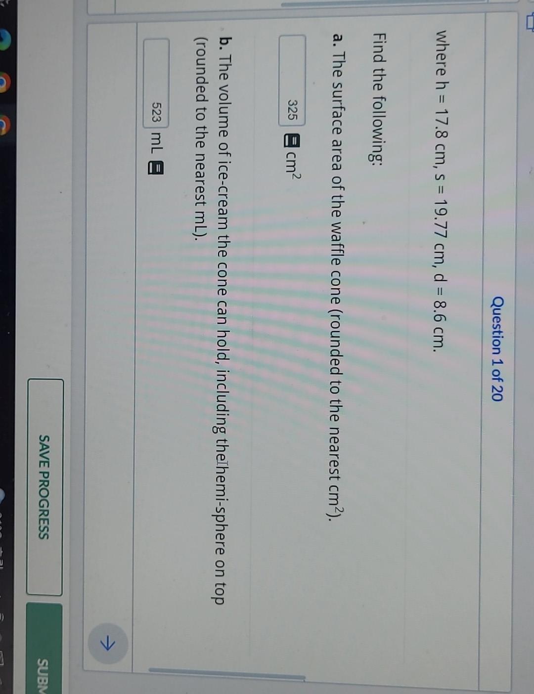 Solved An ice-cream waffle-cone has a diameter of 8.6 cm at | Chegg.com