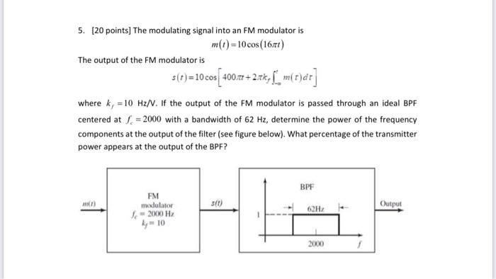 Solved 5. [20 points] The modulating signal into an FM | Chegg.com