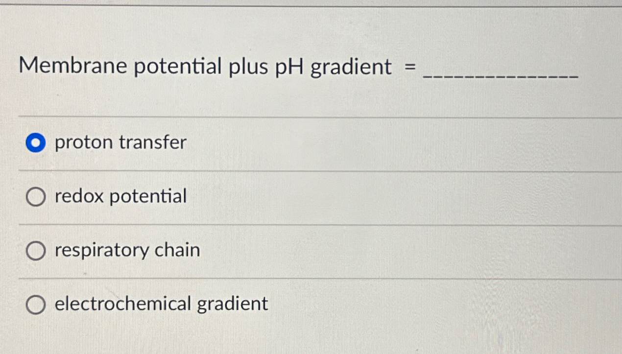 Solved Membrane potential plus pH ﻿gradient =proton | Chegg.com