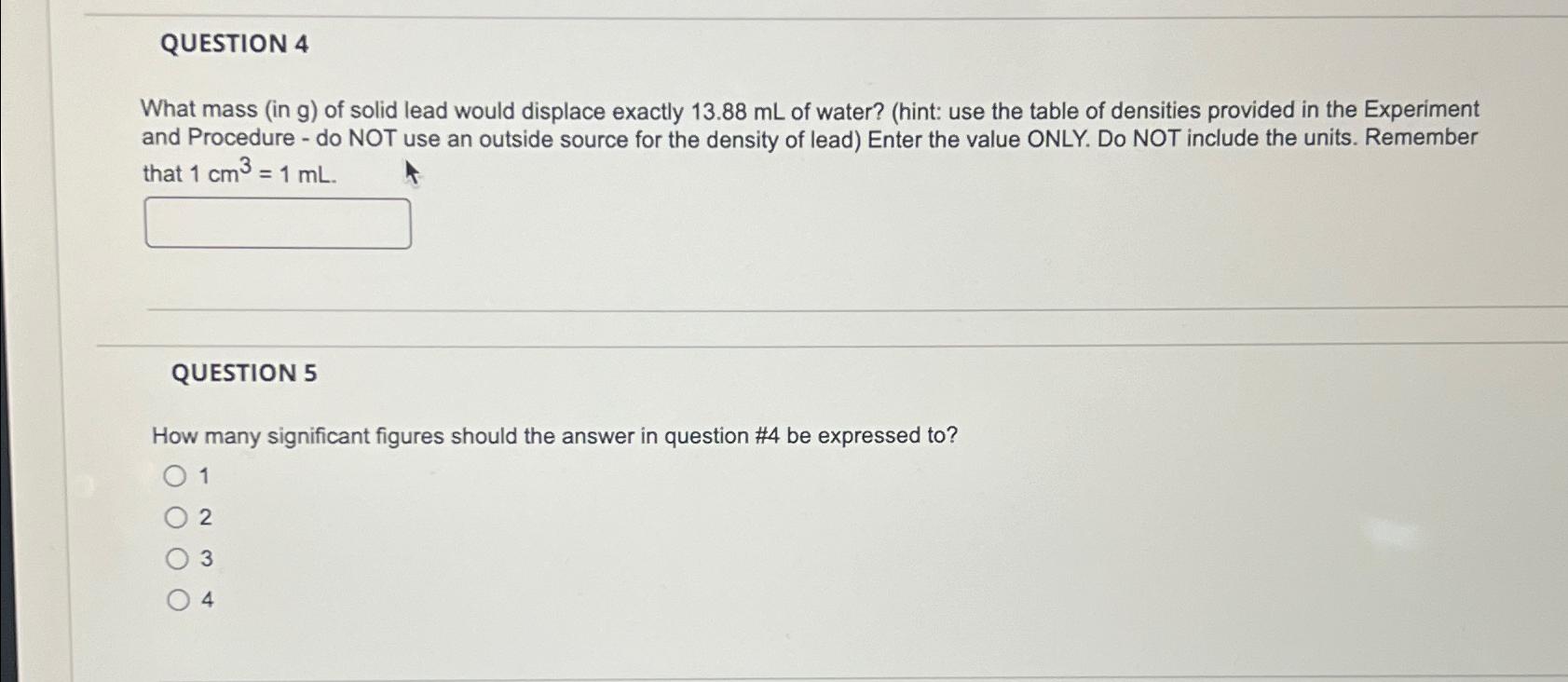 Solved QUESTION 4\\nWhat mass (in g) of solid lead would | Chegg.com