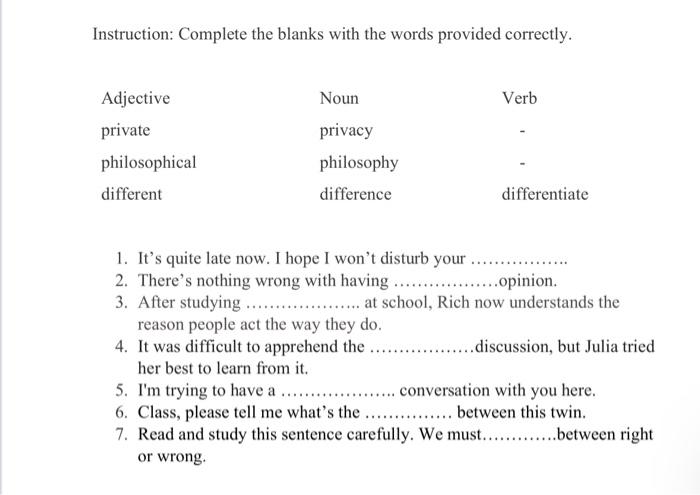 Instruction: Complete the blanks with the words | Chegg.com