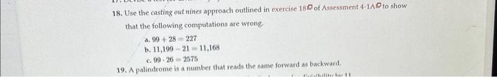 Solved 18. Use the casting out nines approach outlined in | Chegg.com