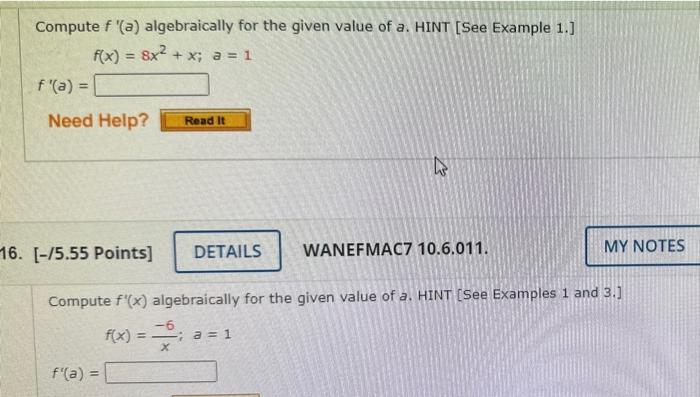 Solved Compute f′(a) algebraically for the given value of a. | Chegg.com