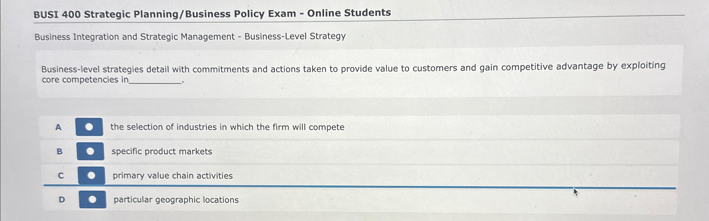 Solved BUSI 400 ﻿Strategic Planning/ ﻿Business Policy Exam - | Chegg.com