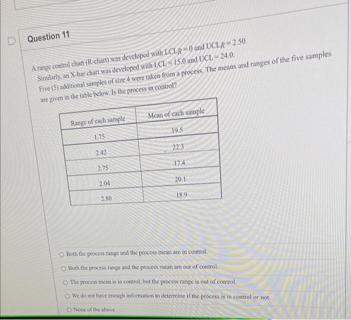 Solved Question 11 A range control chart (R-chart) was | Chegg.com