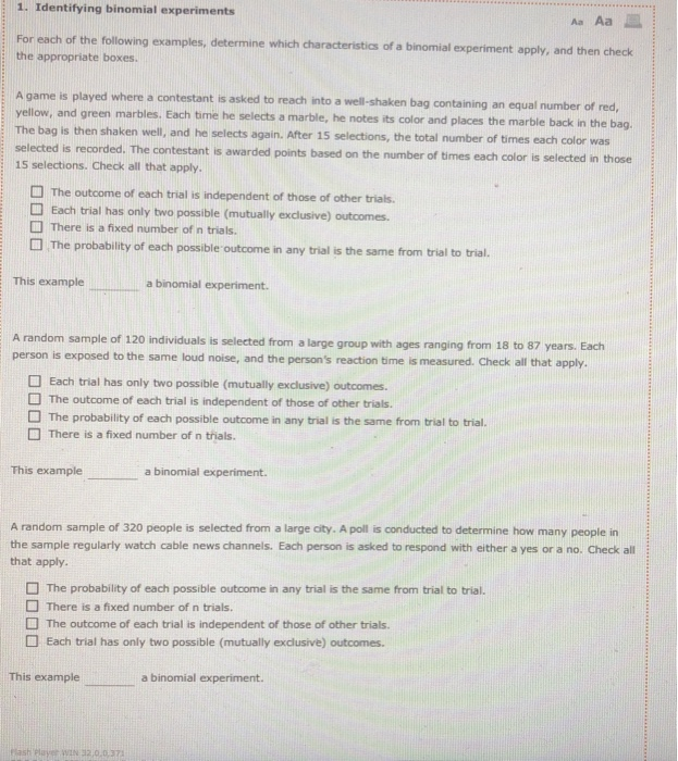 Solved 1. Identifying binomial experiments Аа Аа For each of | Chegg.com