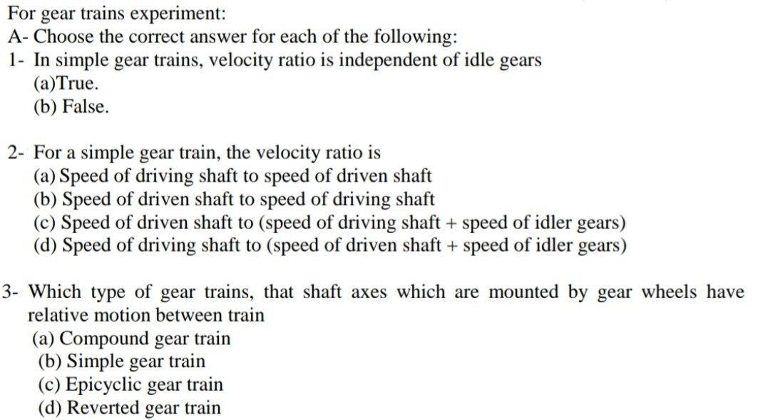 Solved For gear trains experiment: A- Choose the correct | Chegg.com